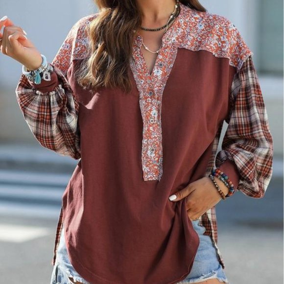 Little Daisy Closet | Tops | Floral Plaid Mixed Print Bishop Sleeve ...